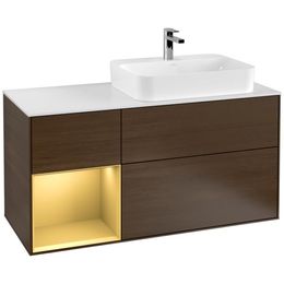 Villeroy & Boch Villeroy und Boch Finion Waschtischunterschrank G391HFGN 120cm, Abdeckplatte white matt, Emotion, Regal links Gold matt, Walnut veneer
