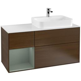 Villeroy & Boch Villeroy und Boch Finion Waschtischunterschrank G391GMGN 120cm, Abdeckplatte white matt, Emotion, Regal links Olive Matt Lacquer, Walnut veneer
