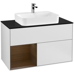 Villeroy & Boch Villeroy und Boch Finion Waschtischunterschrank G362GNMT 100cm, Abdeckplatte black matt, Emotion, Regal links Walnut veneer, White matt lacquer