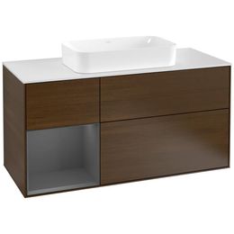 Villeroy & Boch Villeroy und Boch Finion Waschtischunterschrank G291GKGN 120cm, Abdeckplatte white matt, Emotion, Regal links Anthracite matt, Walnut veneer
