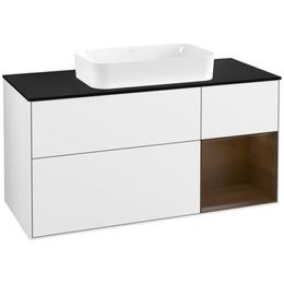 Villeroy & Boch Villeroy und Boch Finion Waschtischunterschrank G302GNGF 120cm, Abdeckplatte black matt, Emotion, Regal rechts Walnut veneer, Glossy white lacquer