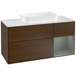 Villeroy & Boch Villeroy und Boch Finion Waschtischunterschrank G301GMGN 120cm, Abdeckplatte white matt, Emotion, Regal rechts Olive Matt Lacquer, Walnut veneer