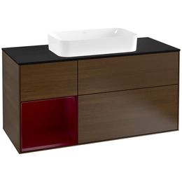 Villeroy & Boch Villeroy und Boch Finion Waschtischunterschrank G292HBGN 120cm, Abdeckplatte black matt, Emotion, Regal links Peony, Walnut veneer