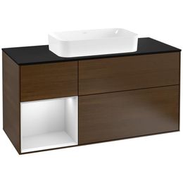 Villeroy & Boch Villeroy und Boch Finion Waschtischunterschrank G292MTGN 120cm, Abdeckplatte black matt, Emotion, Regal links White matt lacquer, Walnut veneer