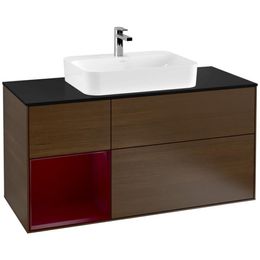 Villeroy & Boch Villeroy und Boch Finion Waschtischunterschrank F412HBGN 120cm, Abdeckplatte black matt, Regal links Peony, Walnut veneer