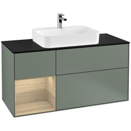 Villeroy & Boch Villeroy und Boch Finion Waschtischunterschrank F412PCGM 120cm, Abdeckplatte black matt, Regal links Oak Veneer, Olive Matt Lacquer