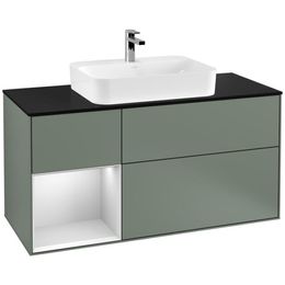 Villeroy & Boch Villeroy und Boch Finion Waschtischunterschrank F412MTGM 120cm, Abdeckplatte black matt, Regal links White matt lacquer, Olive Matt Lacquer