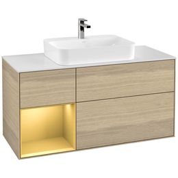 Villeroy & Boch Villeroy und Boch Finion Waschtischunterschrank F411HFPC 120cm, Abdeckplatte white matt, Regal links Gold matt, Oak Veneer