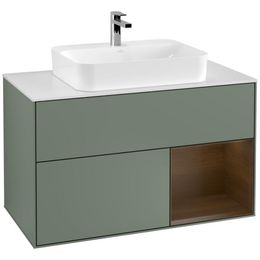 Villeroy & Boch Villeroy und Boch Finion Waschtischunterschrank F371GNGM 100cm, Abdeckplatte white matt, Regal rechts Walnut veneer, Olive Matt Lacquer