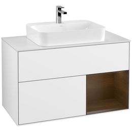 Villeroy & Boch Villeroy und Boch Finion Waschtischunterschrank F371GNGF 100cm, Abdeckplatte white matt, Regal rechts Walnut veneer, Glossy white lacquer