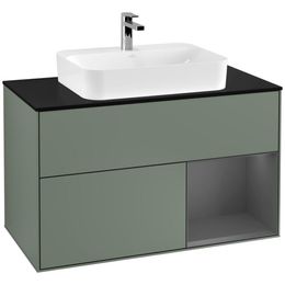 Villeroy & Boch Villeroy und Boch Finion Waschtischunterschrank F372GKGM 100cm, Abdeckplatte black matt, Regal rechts Anthracite matt, Olive Matt Lacquer