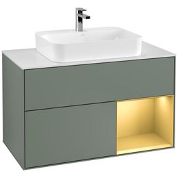 Villeroy & Boch Villeroy und Boch Finion Waschtischunterschrank F371HFGM 100cm, Abdeckplatte white matt, Regal rechts Gold matt, Olive Matt Lacquer