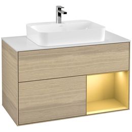 Villeroy & Boch Villeroy und Boch Finion Waschtischunterschrank F371HFPC 100cm, Abdeckplatte white matt, Regal rechts Gold matt, Oak Veneer