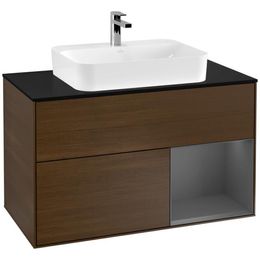Villeroy & Boch Villeroy und Boch Finion Waschtischunterschrank F372GKGN 100cm, Abdeckplatte black matt, Regal rechts Anthracite matt, Walnut veneer