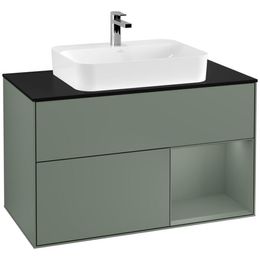 Villeroy & Boch Villeroy und Boch Finion Waschtischunterschrank F372GMGM 100cm, Abdeckplatte black matt, Regal rechts Olive Matt Lacquer, Olive Matt Lacquer
