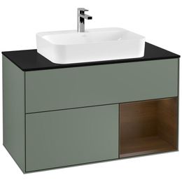 Villeroy & Boch Villeroy und Boch Finion Waschtischunterschrank F372GNGM 100cm, Abdeckplatte black matt, Regal rechts Walnut veneer, Olive Matt Lacquer