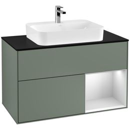 Villeroy & Boch Villeroy und Boch Finion Waschtischunterschrank F372MTGM 100cm, Abdeckplatte black matt, Regal rechts White matt lacquer, Olive Matt Lacquer