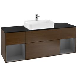 Villeroy & Boch Villeroy und Boch Finion Waschtischunterschrank F452GKGN 160x60,3cm, Abdeckplatte black matt, Regale Anthracite matt lacquer, Walnut veneer