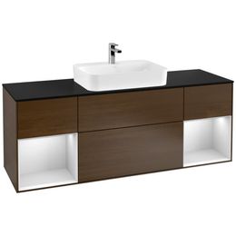 Villeroy & Boch Villeroy und Boch Finion Waschtischunterschrank F452MTGN 160x60,3cm, Abdeckplatte black matt, Regale White matt lacquer, Walnut veneer
