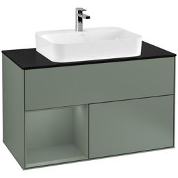 Villeroy & Boch Villeroy und Boch Finion Waschtischunterschrank F362GMGM 100cm, Abdeckplatte black matt, Regal links Olive Matt Lacquer, Olive Matt Lacquer