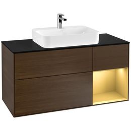 Villeroy & Boch Villeroy und Boch Finion Waschtischunterschrank G422HFGN 120cm, Abdeckplatte black matt, Emotion, Regal rechts Gold matt, Walnut veneer