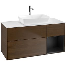 Villeroy & Boch Villeroy und Boch Finion Waschtischunterschrank F831PDGN 120cm, Abdeckplatte white matt, Regale Black matt lacquer, Walnut veneer