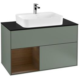 Villeroy & Boch Villeroy und Boch Finion Waschtischunterschrank F362GNGM 100cm, Abdeckplatte black matt, Regal links Walnut veneer, Olive Matt Lacquer