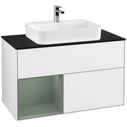 Villeroy & Boch Villeroy und Boch Finion Waschtischunterschrank F362GMGF 100cm, Abdeckplatte black matt, Regal links Olive Matt Lacquer, Glossy white lacquer