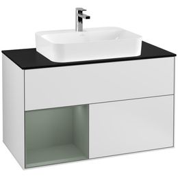 Villeroy & Boch Villeroy und Boch Finion Waschtischunterschrank F362GMMT 100cm, Abdeckplatte black matt, Regal links Olive Matt Lacquer, White matt lacquer