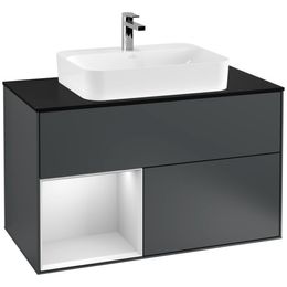 Villeroy & Boch Villeroy und Boch Finion Waschtischunterschrank F362MTHG 100cm, Abdeckplatte black matt, Regal links White matt lacquer, Midnight Blue Matt Lacquer