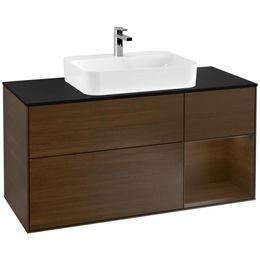 Villeroy & Boch Villeroy und Boch Finion Waschtischunterschrank F422GNGN 120cm, Abdeckplatte black matt, Regal rechts Walnut veneer, Walnut veneer