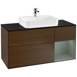 Villeroy & Boch Villeroy und Boch Finion Waschtischunterschrank F422GMGN 120cm, Abdeckplatte black matt, Regal rechts Olive Matt Lacquer, Walnut veneer