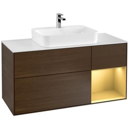 Villeroy & Boch Villeroy und Boch Finion Waschtischunterschrank G421HFGN 120cm, Abdeckplatte white matt, Emotion, Regal rechts Gold matt, Walnut veneer
