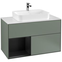 Villeroy & Boch Villeroy und Boch Finion Waschtischunterschrank F361PDGM 100cm, Abdeckplatte white matt, Regal links Black matt lacquer, Olive Matt Lacquer