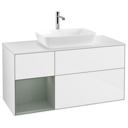 Villeroy & Boch Villeroy und Boch Finion Waschtischunterschrank G821GMGF 120cm, Abdeckplatte white matt, Emotion, Regale Olive matt lacquer, Glossy white lacquer