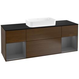 Villeroy & Boch Villeroy und Boch Finion Waschtischunterschrank F332GKGN 160x60,3cm, Abdeckplatte black matt, Regale Anthracite matt lacquer, Walnut veneer
