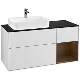 Villeroy & Boch Villeroy und Boch Finion Waschtischunterschrank G402GNMT 120cm, Abdeckplatte black matt, Emotion, Regal rechts Walnut veneer, White matt lacquer