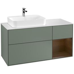 Villeroy & Boch Villeroy und Boch Finion Waschtischunterschrank G401GNGM 120cm, Abdeckplatte white matt, Emotion, Regal rechts Walnut veneer, Olive Matt Lacquer