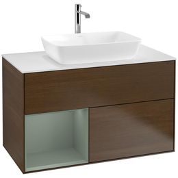 Villeroy & Boch Villeroy und Boch Finion Waschtischunterschrank F771GMGN 100cm, Abdeckplatte white matt, Regale Olive matt lacquer, Walnut veneer