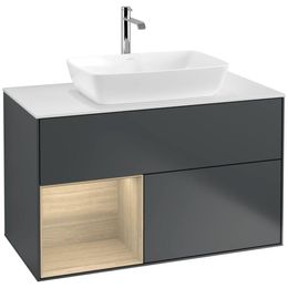 Villeroy & Boch Villeroy und Boch Finion Waschtischunterschrank F771PCHG 100cm, Abdeckplatte white matt, Regale Oak Veneer, Midnight Blue Matt Lacquer
