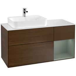 Villeroy & Boch Villeroy und Boch Finion Waschtischunterschrank F401GMGN 120cm, Abdeckplatte white matt, Regal rechts Olive Matt Lacquer, Walnut veneer