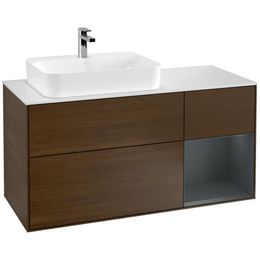 Villeroy & Boch Villeroy und Boch Finion Waschtischunterschrank F401HGGN 120cm, Abdeckplatte white matt, Regal rechts Midnight Blue Matt Lacquer, Walnut veneer