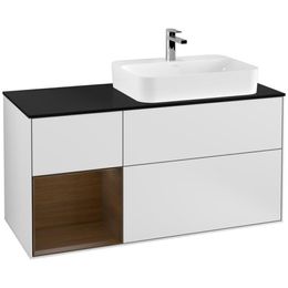 Villeroy & Boch Villeroy und Boch Finion Waschtischunterschrank F392GNMT 120cm, Abdeckplatte black matt, Regal links Walnut veneer, White matt lacquer