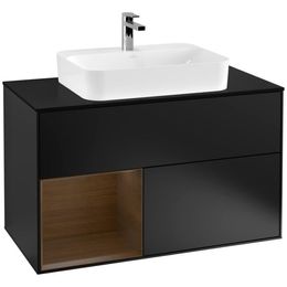 Villeroy & Boch Villeroy und Boch Finion Waschtischunterschrank G362GNPD 100cm, Abdeckplatte black matt, Emotion, Regal links Walnut veneer, Black matt lacquer