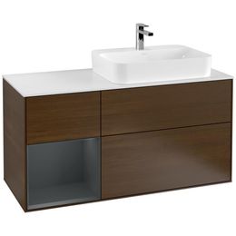 Villeroy & Boch Villeroy und Boch Finion Waschtischunterschrank F391HGGN 120cm, Abdeckplatte white matt, Regal links Midnight Blue Matt Lacquer, Walnut veneer