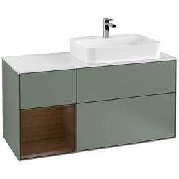 Villeroy & Boch Villeroy und Boch Finion Waschtischunterschrank F391GNGM 120cm, Abdeckplatte white matt, Regal links Walnut veneer, Olive Matt Lacquer