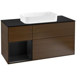 Villeroy & Boch Villeroy und Boch Finion Waschtischunterschrank G292PDGN 120cm, Abdeckplatte black matt, Emotion, Regal links Black matt lacquer, Walnut veneer