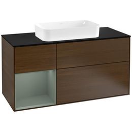 Villeroy & Boch Villeroy und Boch Finion Waschtischunterschrank G292GMGN 120cm, Abdeckplatte black matt, Emotion, Regal links Olive Matt Lacquer, Walnut veneer