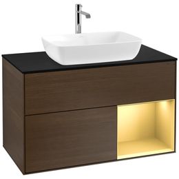 Villeroy & Boch Villeroy und Boch Finion Waschtischunterschrank F782HFGN 100cm, Abdeckplatte black matt, Regale Gold matt lacquer, Walnut veneer
