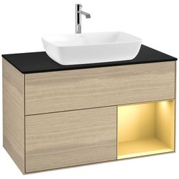 Villeroy & Boch Villeroy und Boch Finion Waschtischunterschrank F782HFPC 100cm, Abdeckplatte black matt, Regale Gold matt lacquer, Oak Veneer